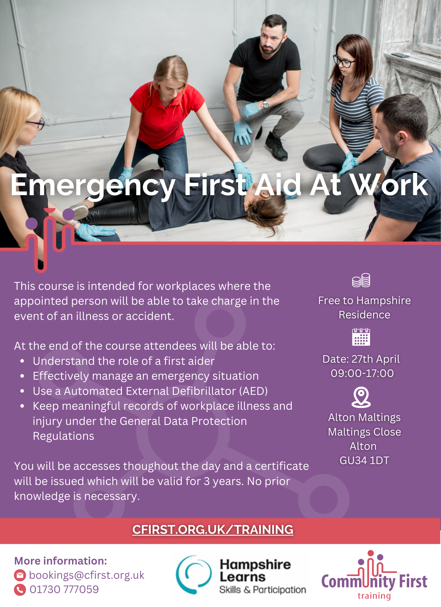 1008 Emergency First Aid at Work (Free, Funded, East Hants, F2F, AMS ...